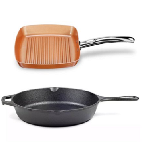 Cast Iron Skillet + Copper Chef 9.5″ Nonstick Grill Pan Bundle Only $19 ...