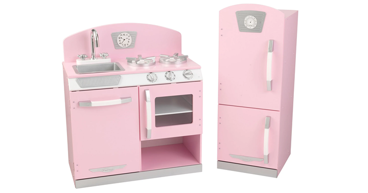 KidKraft Pink Retro Wooden Play Kitchen and Refrigerator 2-Piece Set ...